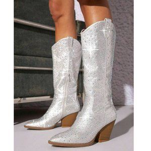 Shoes | New Womens Silver Blingy Rhinestone Cowboy Western Knee High ...